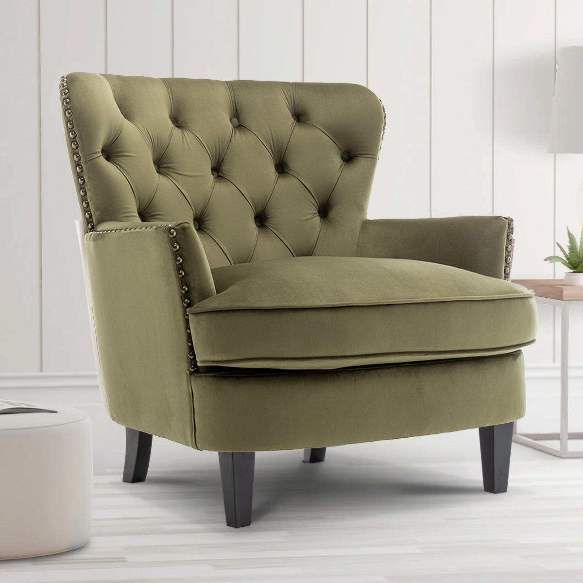Velvet Sage Green Buttoned Ava Accent Chair – Stunning Chairs