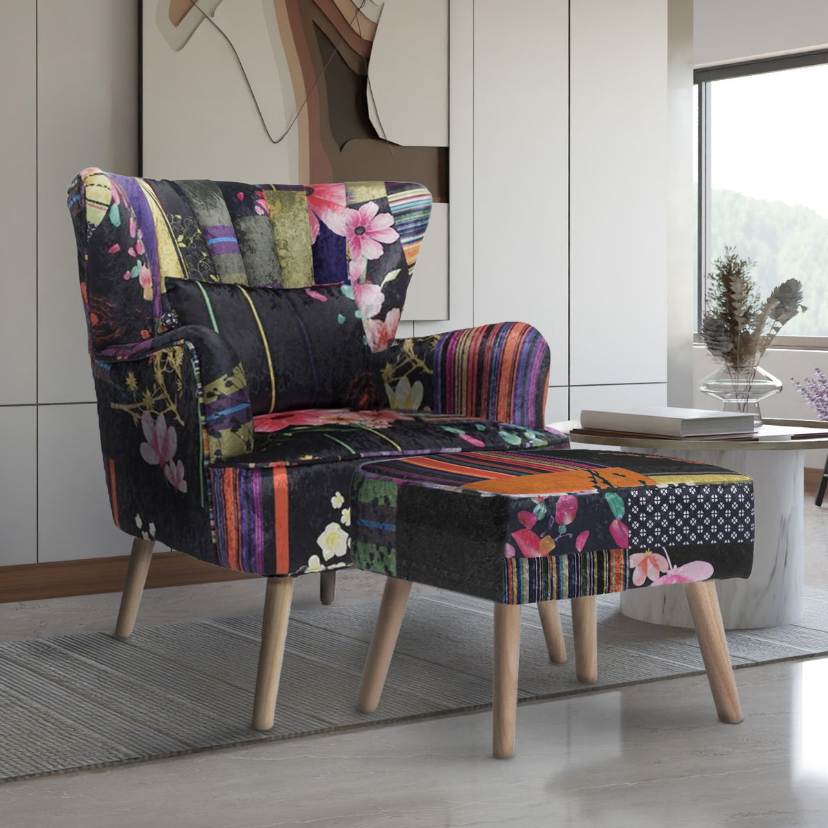 Fabric Black Patchwork Abigail Wingback Chair & Footstool – Stunning Chairs