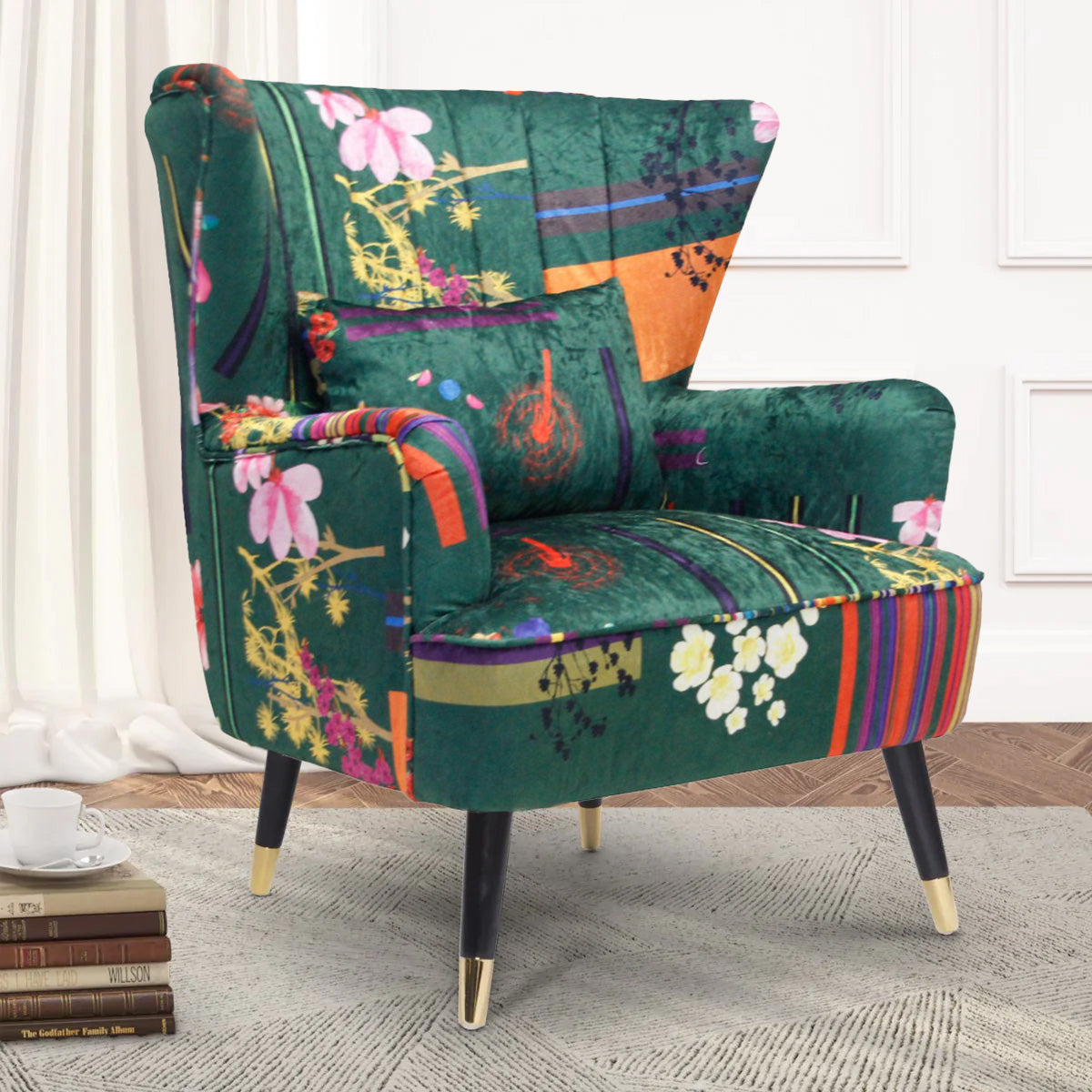 Fabric Green Patchwork Victoria Accent Wingback Chair – Stunning Chairs