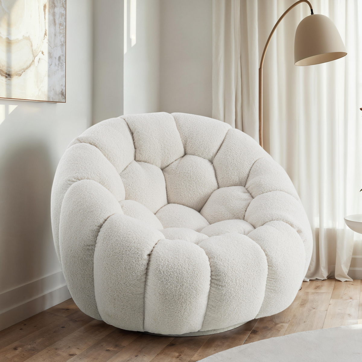 Teddy Boucle Fabric White Atrani Swivel Accent Chair – Stunning Chairs