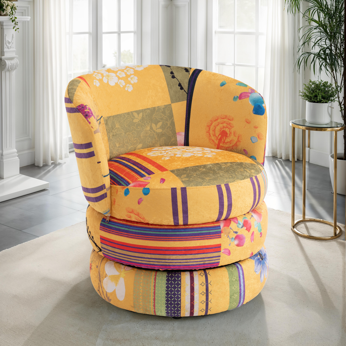 Fabric Gold Patchwork Tilly Accent Swivel Chair – Stunning Chairs