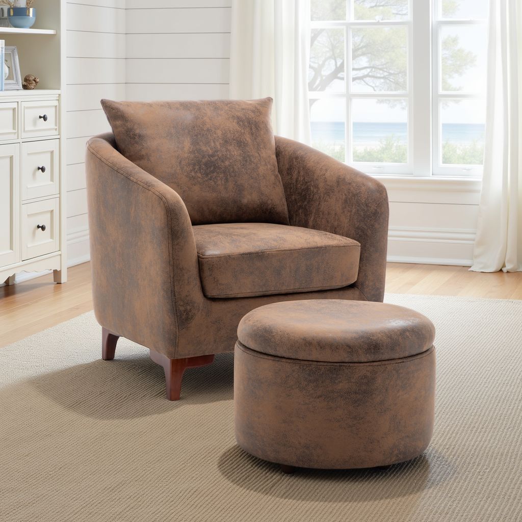 Faux Leather Suede Brown Angela Accent Tub Chair with Ottoman ...
