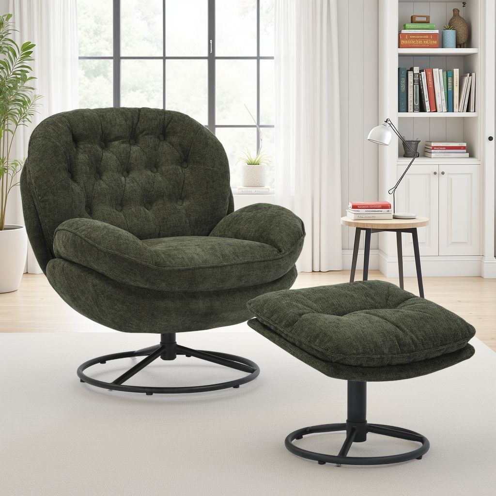 Green Chenille Fabric Azura Swivel Accent Chair with Footstool ...