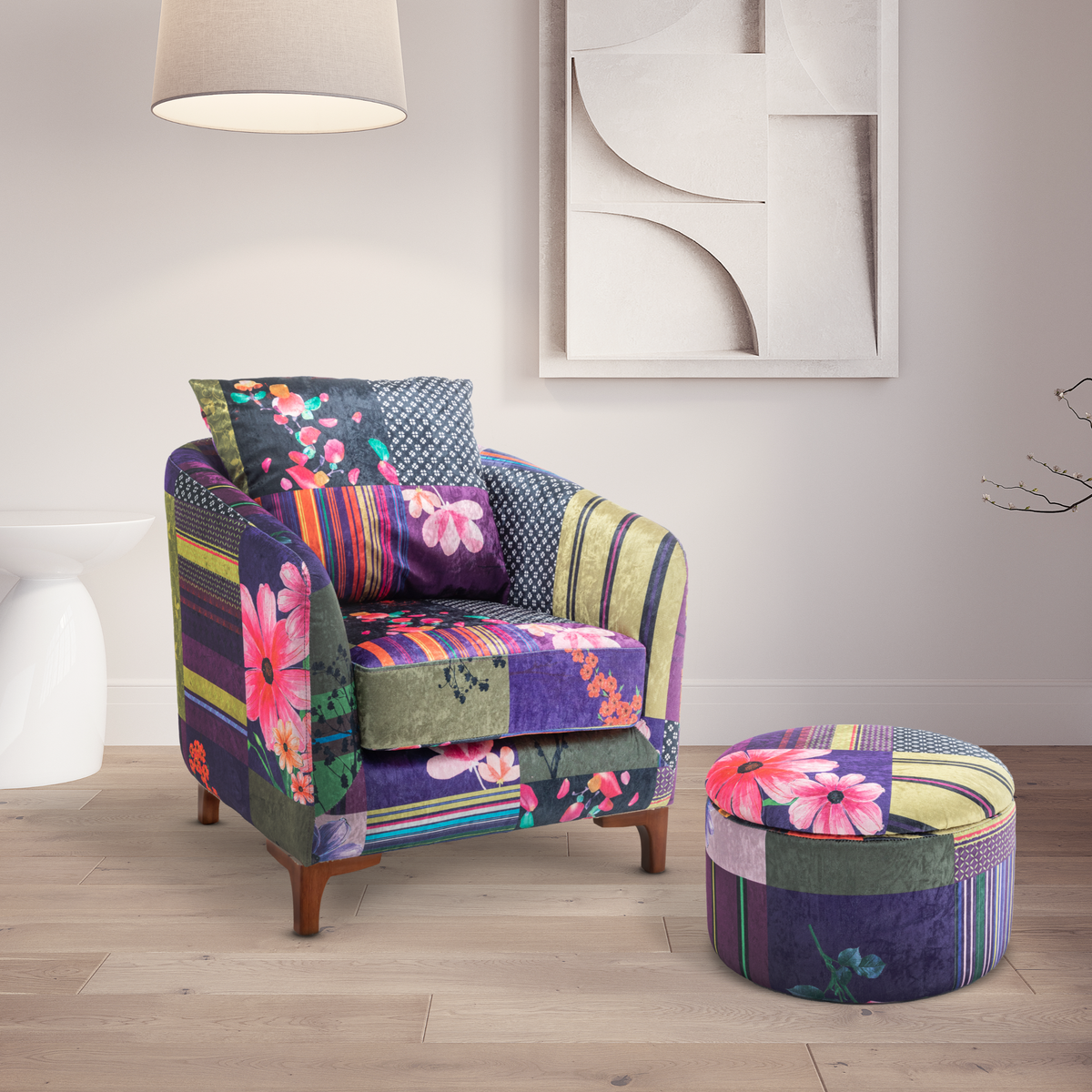 Multicoloured Fabric Patchwork Angela Accent Tub Chair with Ottoman ...