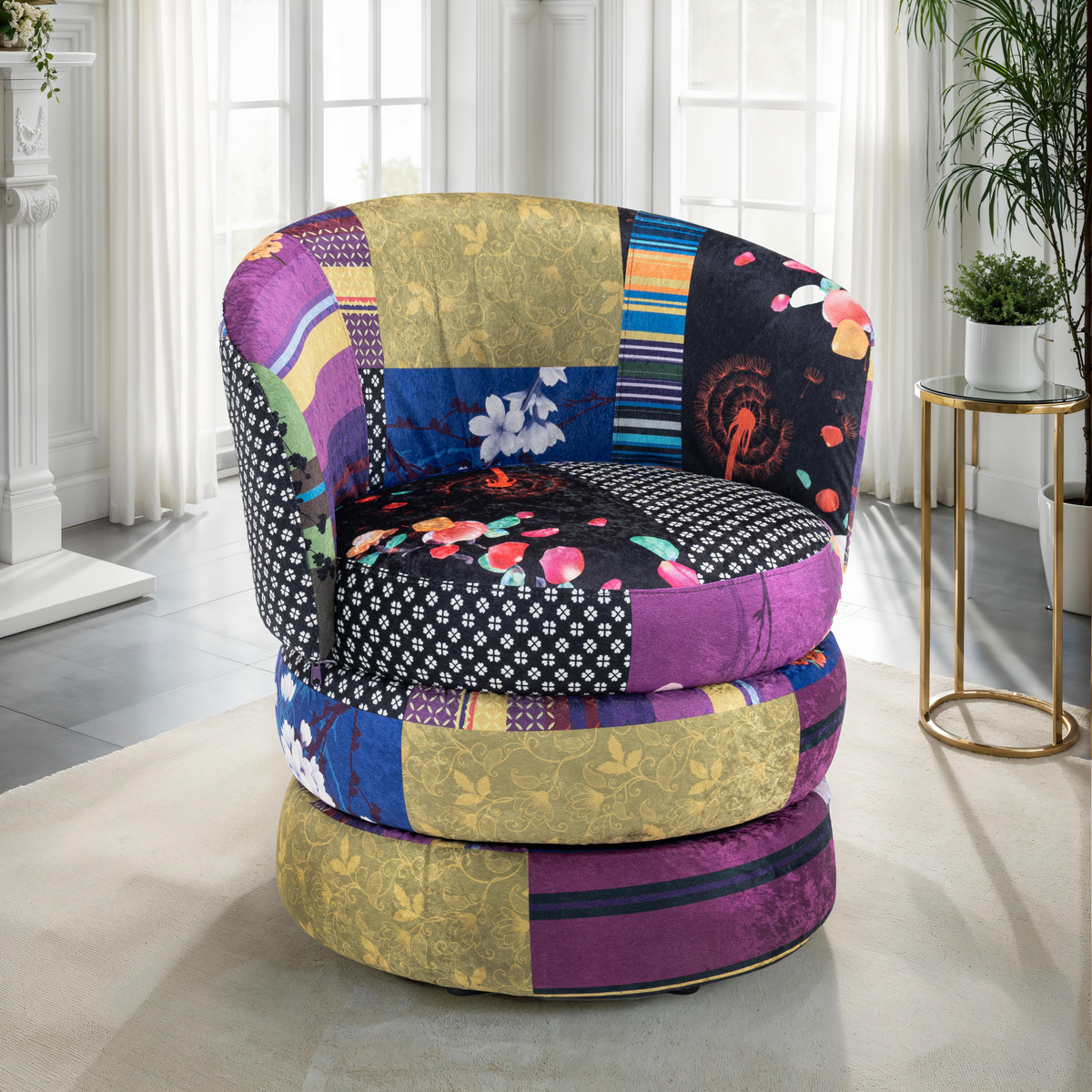 Multicoloured Patchwork Tilly Accent Swivel Chair – Stunning Chairs