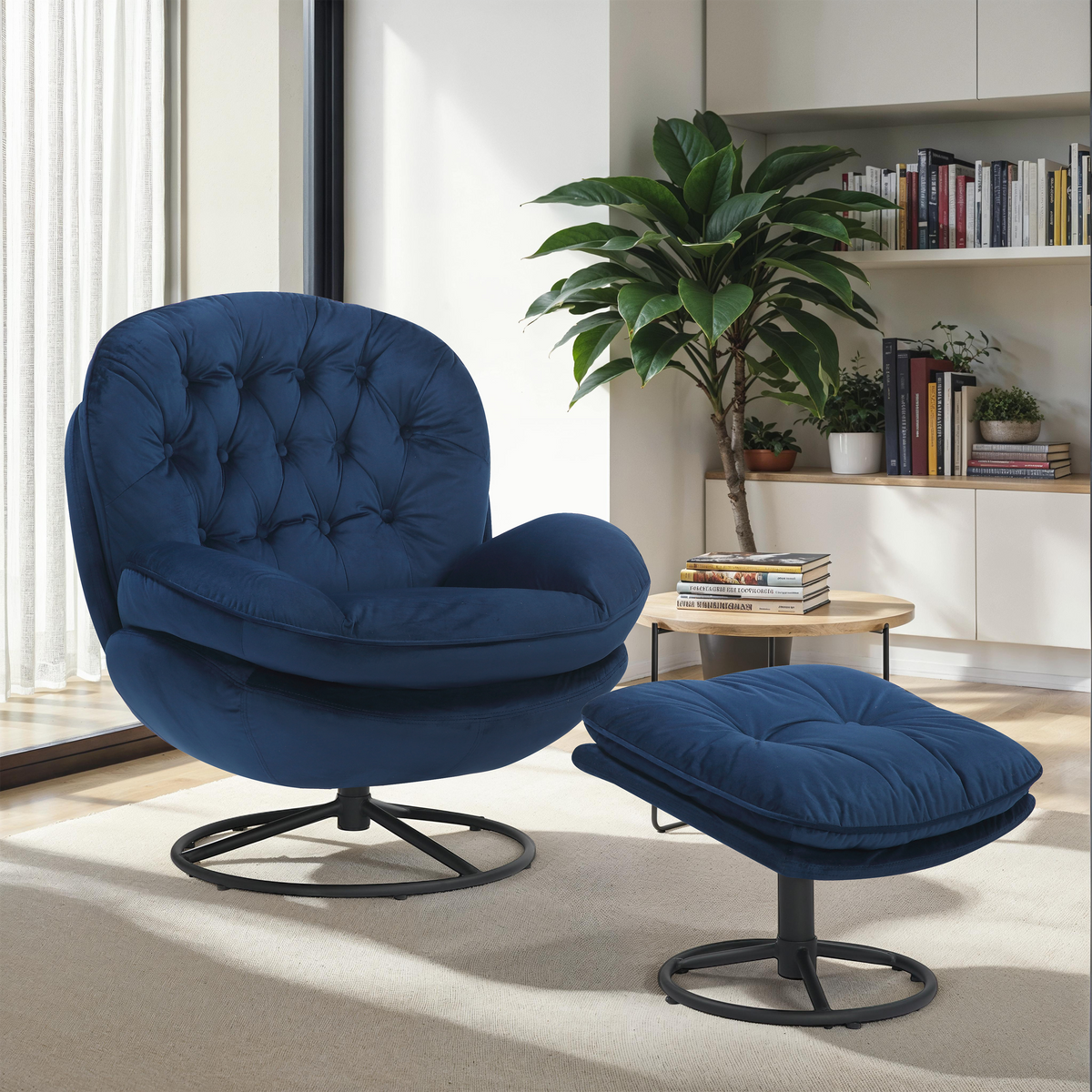 Velvet Blue Azura Swivel Accent Chair with Footstool – Stunning Chairs