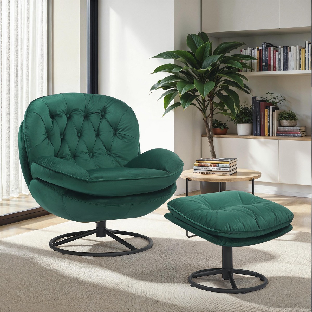 Velvet Emerald Green Azura Swivel Accent Chair with Footstool ...