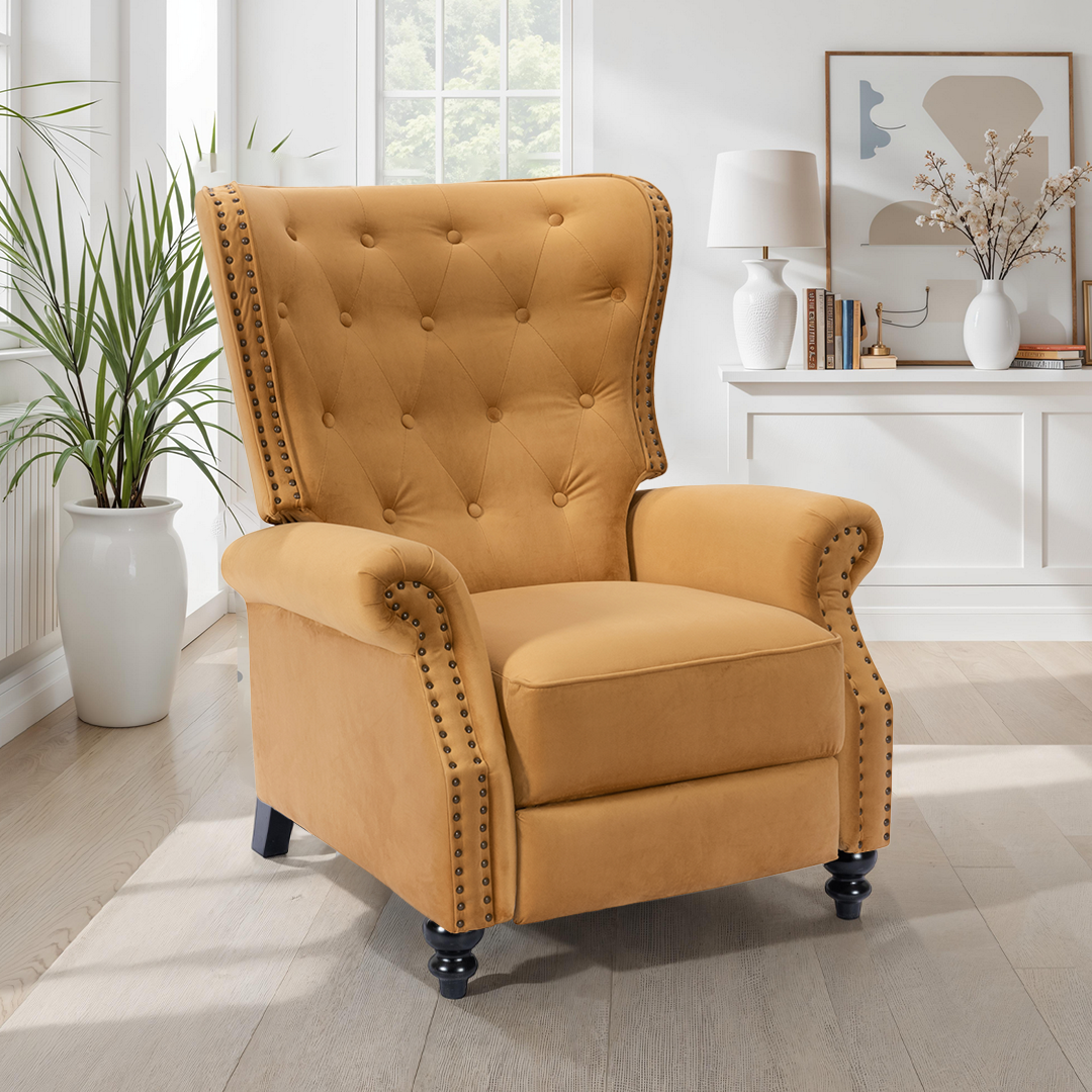Velvet Gold Buttoned Carmona Wingback Recliner Chair – Stunning Chairs
