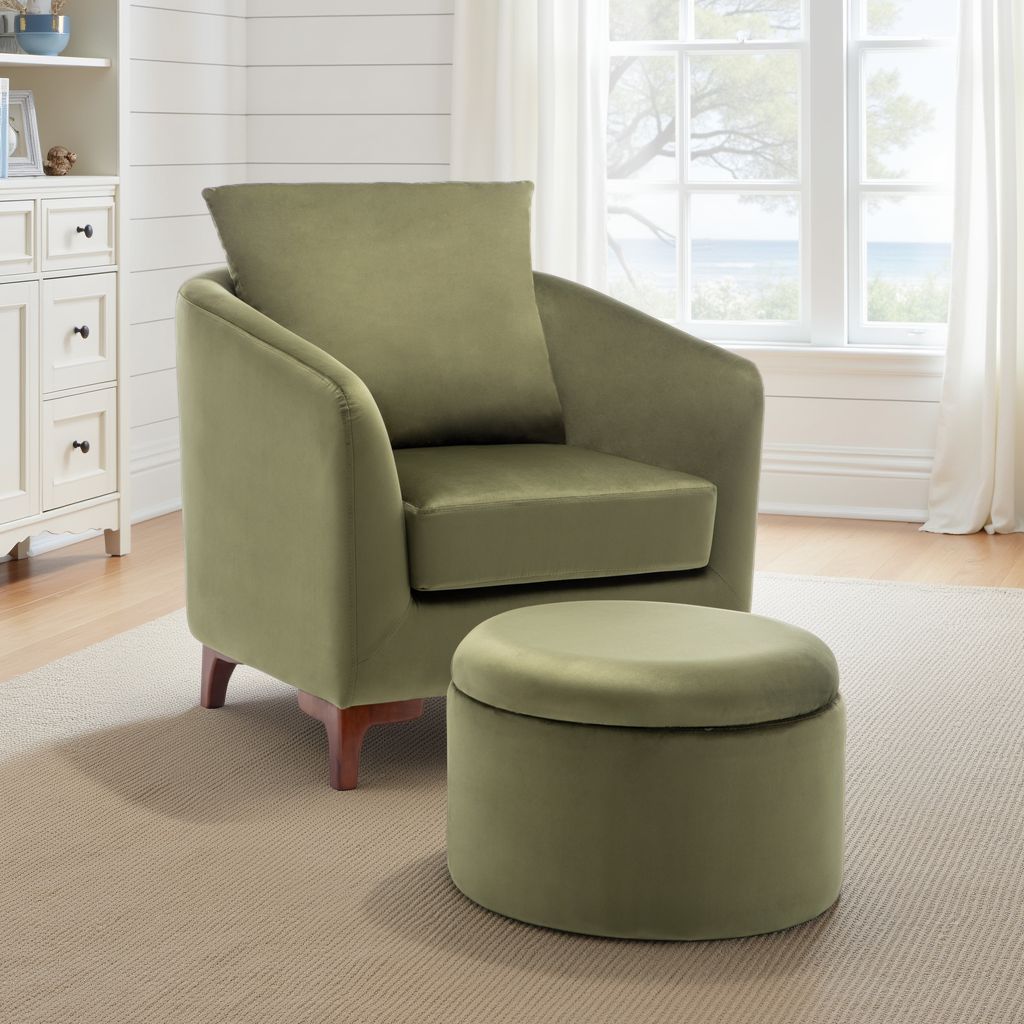 Velvet Sage Green Angela Accent Tub Chair with Ottoman – Stunning Chairs