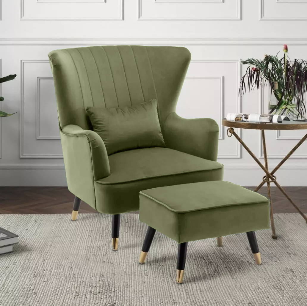 Velvet Sage Green Camila Accent Wingback Chair with Footstool ...