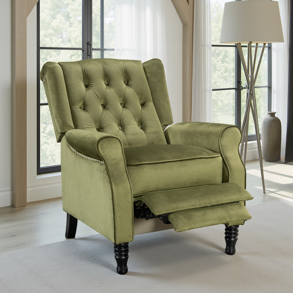 Velvet Sage Green Marianna Manual Recliner Wingback Chair – Stunning Chairs