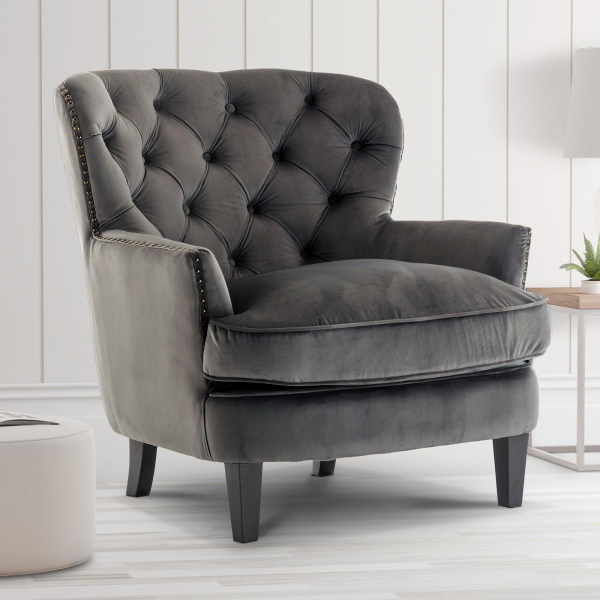 Velvet Dark Grey Buttoned Ava Accent Chair - Stunning Chairs