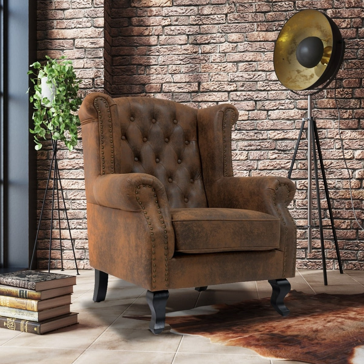 Faux Leather Brown Suede Balmoral Buttons Wingback Chair – Stunning Chairs