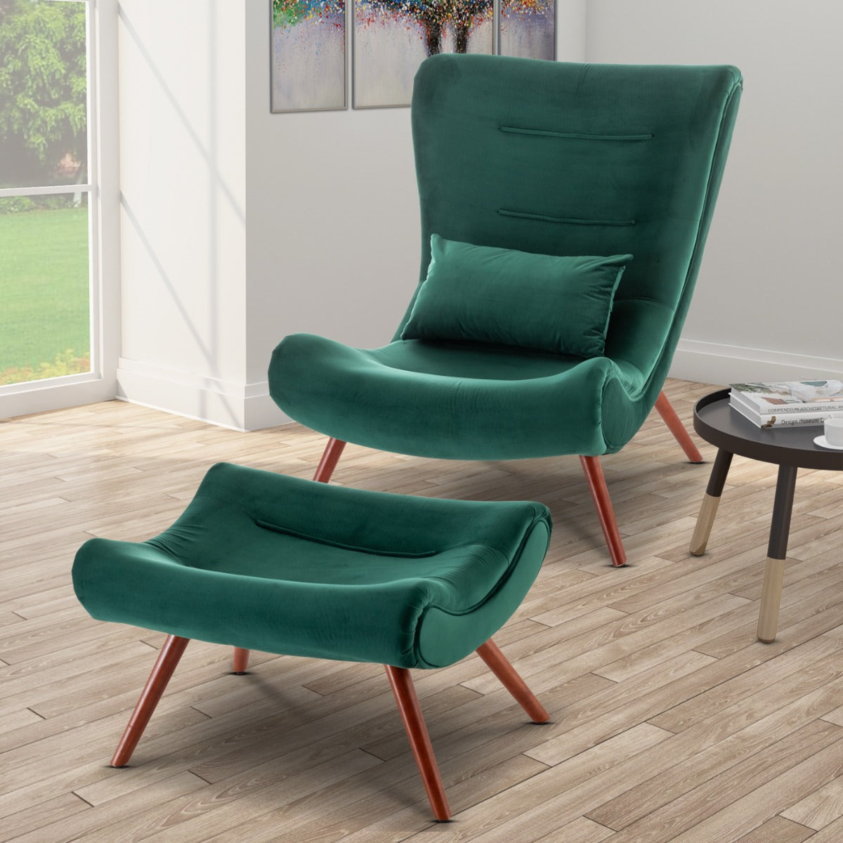 Velvet Emerald Green Katia Accent Chair with Footstool – Stunning Chairs