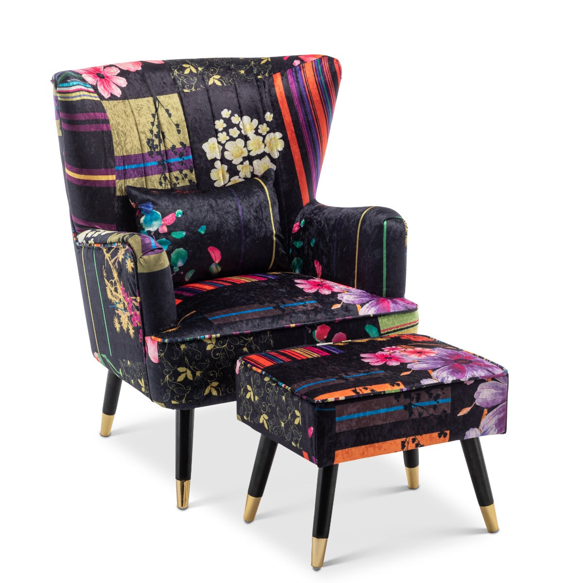 Fabric Black Patchwork Victoria Accent Wingback Chair with Footstool ...